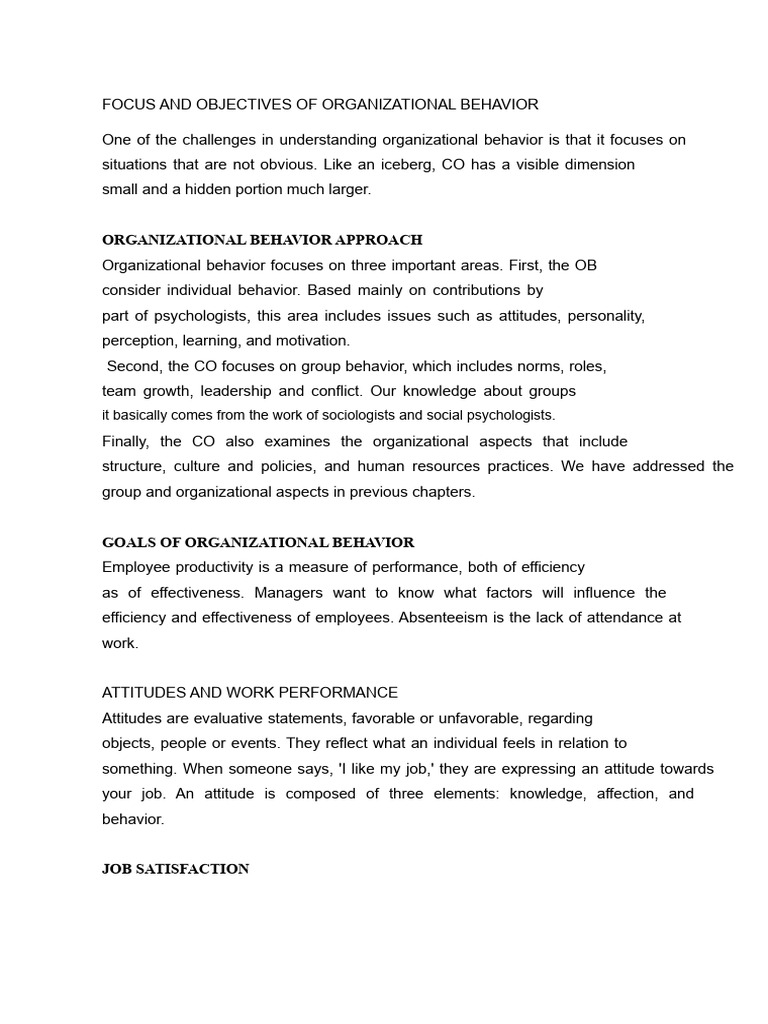 Focus and Objectives of Organizational Behavior | PDF | Attitude ...