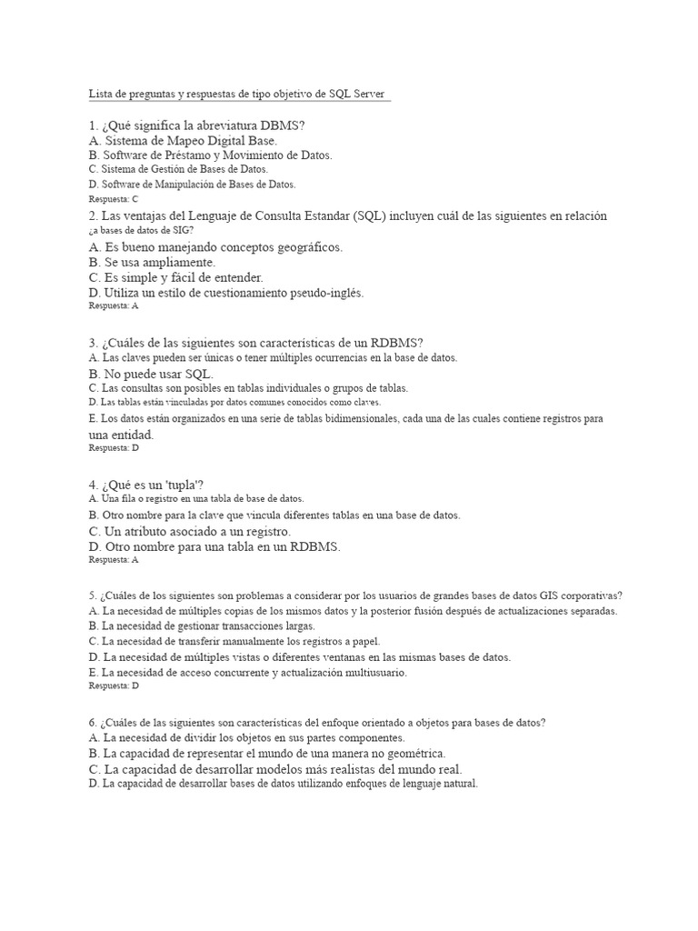 Preguntas y Respuestas de SQL Server | PDF | SQL | Bases de datos