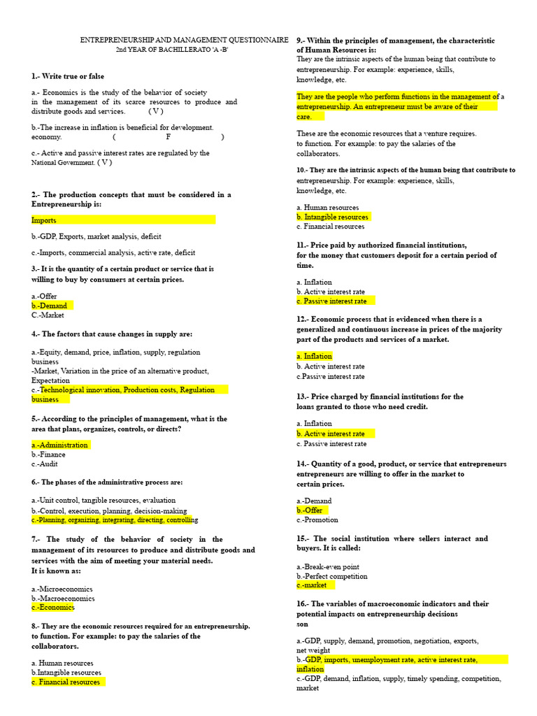 2nd Year High School Entrepreneurship Questionnaire Q2-8771656112701 ...