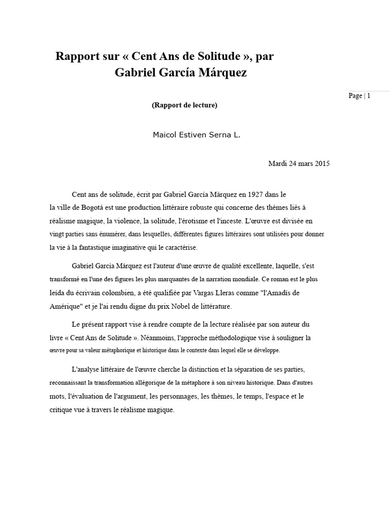 Rapport de Lecture Cent Ans de Solitude | PDF | Gabriel Garcia Marquez