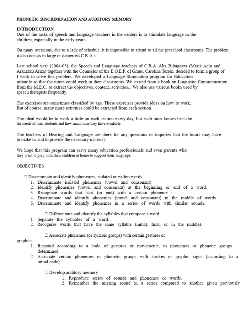 Stimulation of PHONETIC DISCRIMINATION AND AUDITORY MEMORY | PDF ...