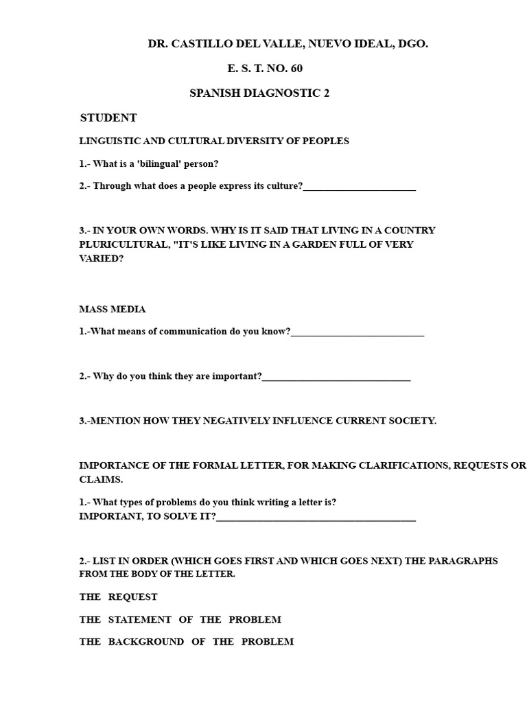 Spanish Diagnostic Exam For Second Grade | PDF