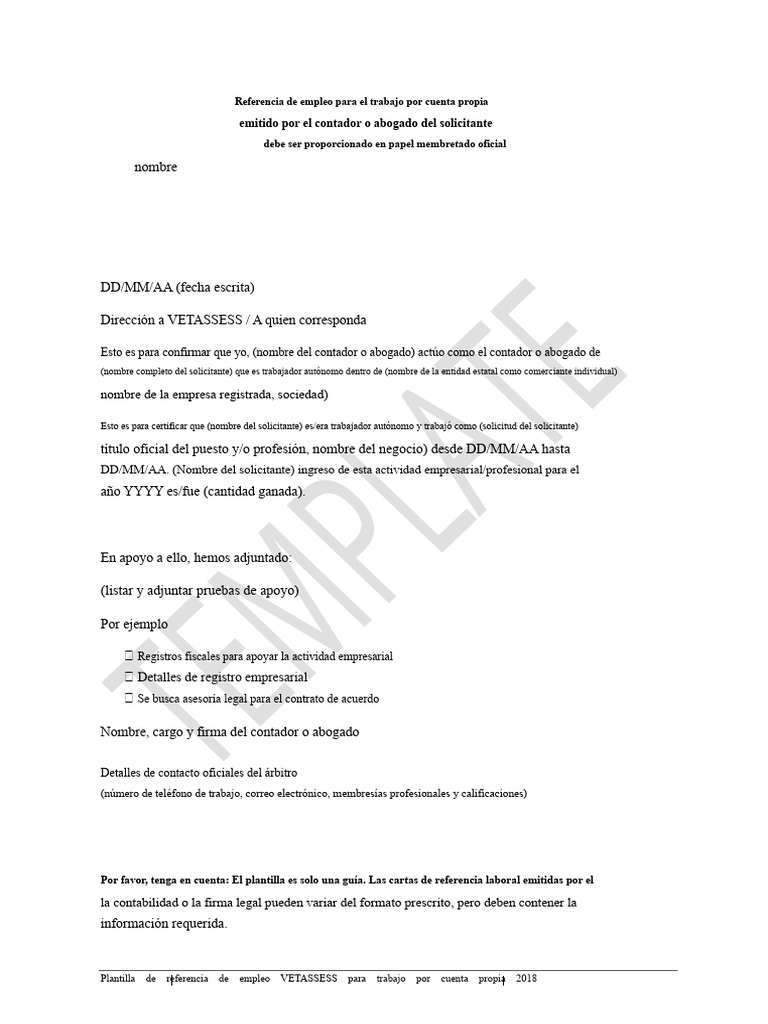 Plantilla de Referencia de Empleo de VETASSESS para Trabajo Autónomo | PDF