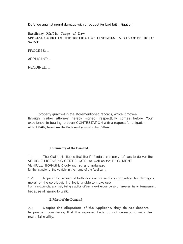 Defense Against Moral Damage With A Request For Bad Faith Litigation ...