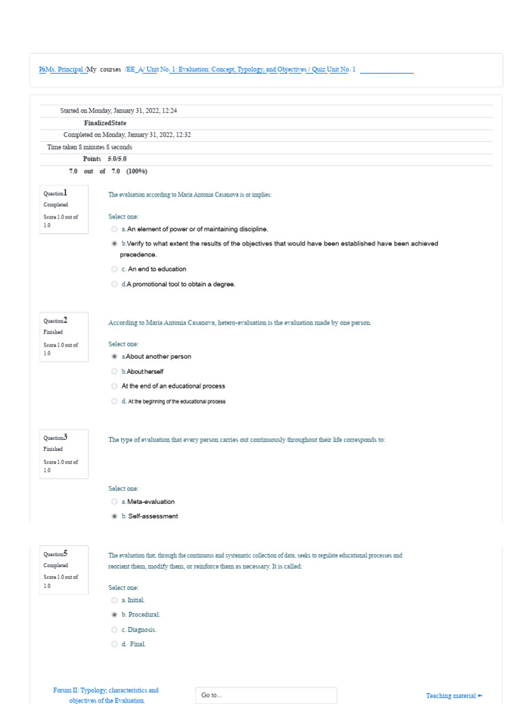 Evaluation Concepts and Quiz Results | PDF