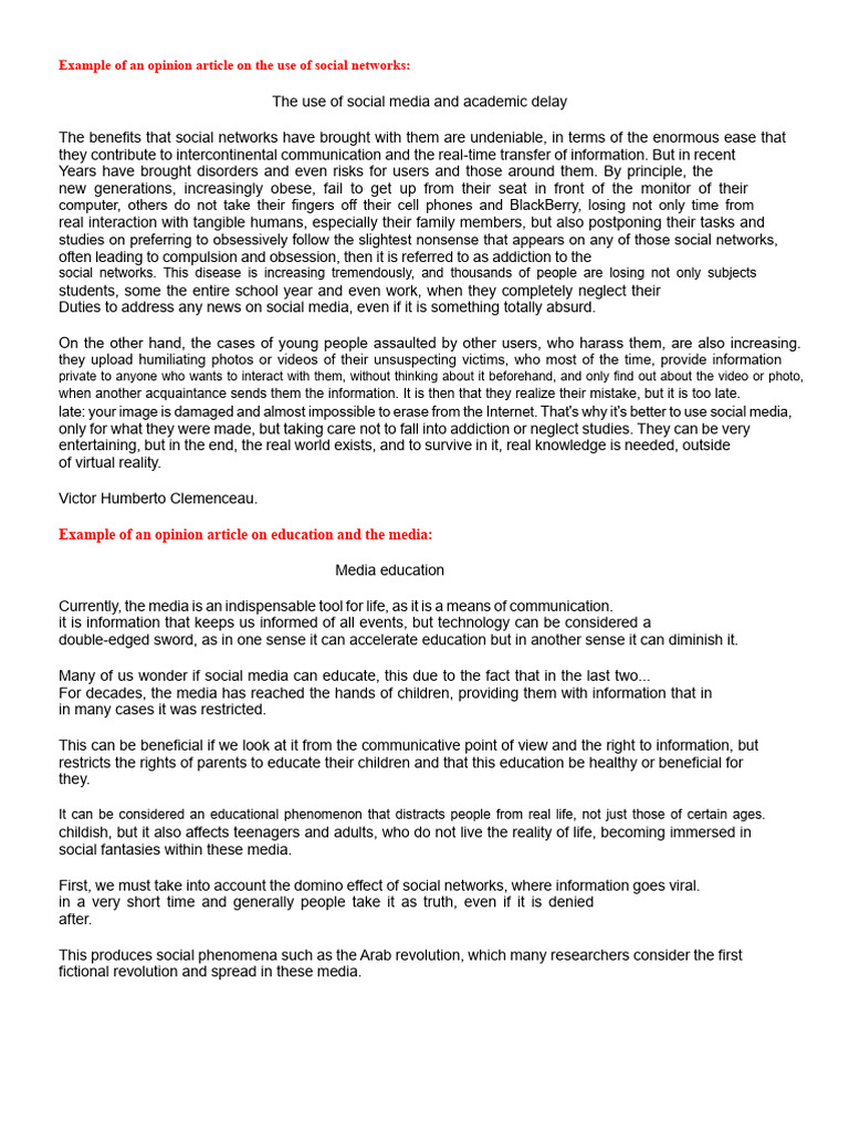 Example of Opinion Article On The Use of Social Media | PDF | Social ...