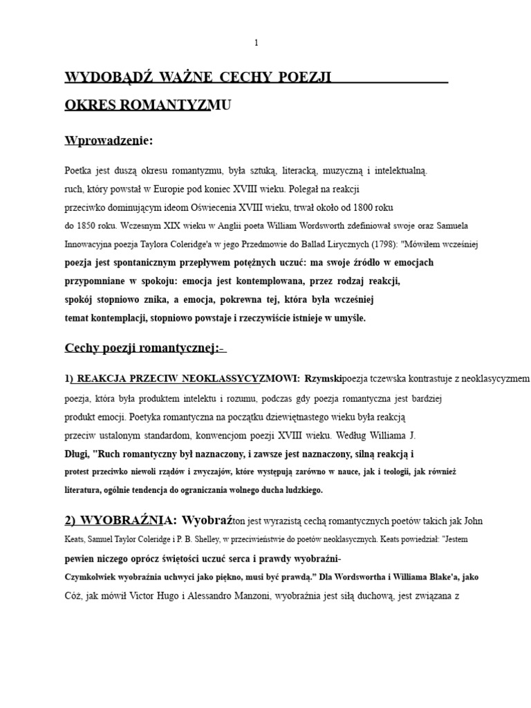 Cechy Poezji Romantycznej | PDF