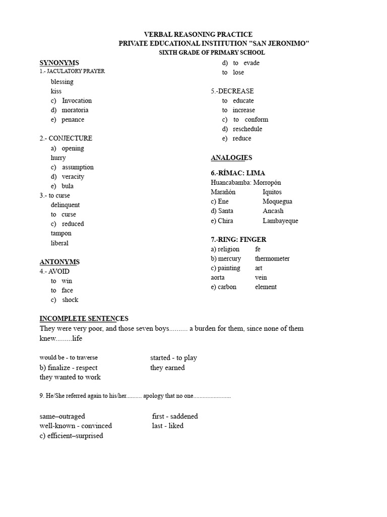 VERBAL REASONING EXAM-1.pdf | PDF | Novels