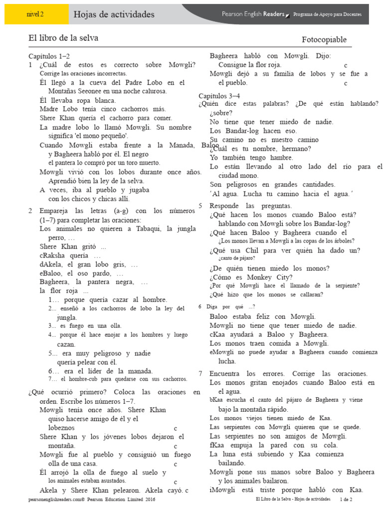 Literatura Inglés ElLibroDeLaSelva Actividad hojaDeTrabajo | PDF | El ...