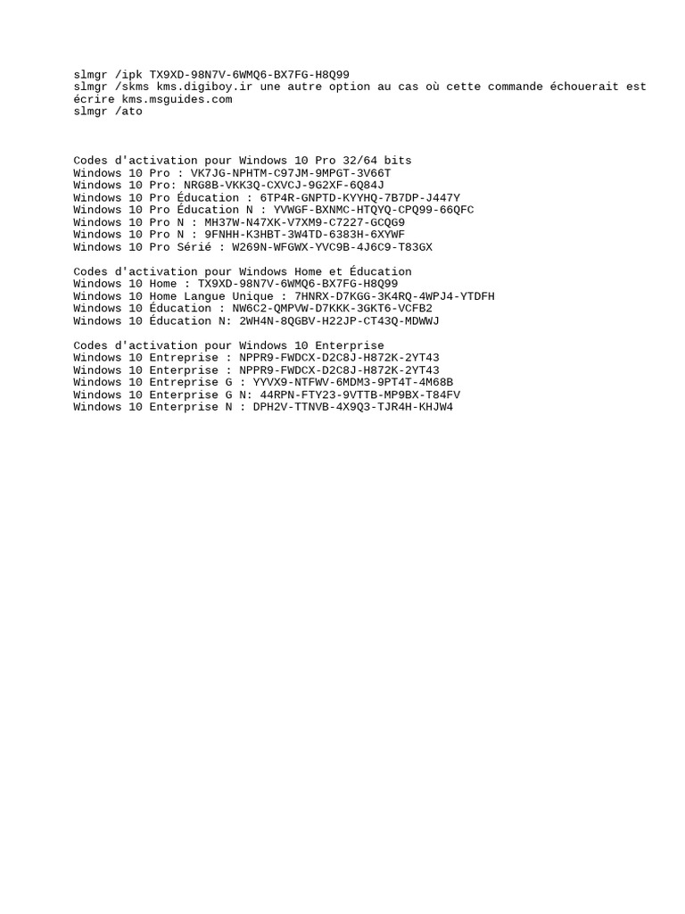 Activation Windows 10 : Codes et Commandes | PDF