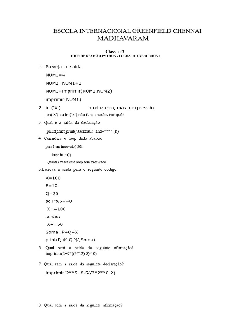Folha de Trabalho de Revisão de Python-1 | PDF | Python (linguagem de ...