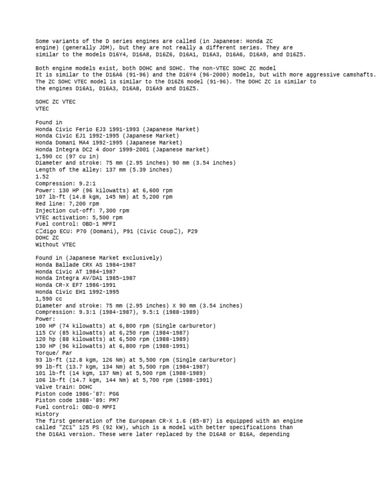 Honda ZC Engine Specifications Overview | PDF | Rotating Machines | Honda