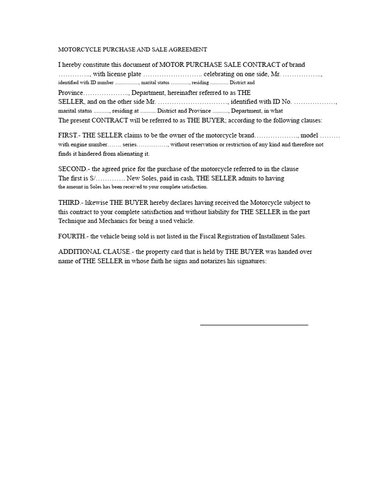 Motorcycle Purchase Sale Contract | PDF