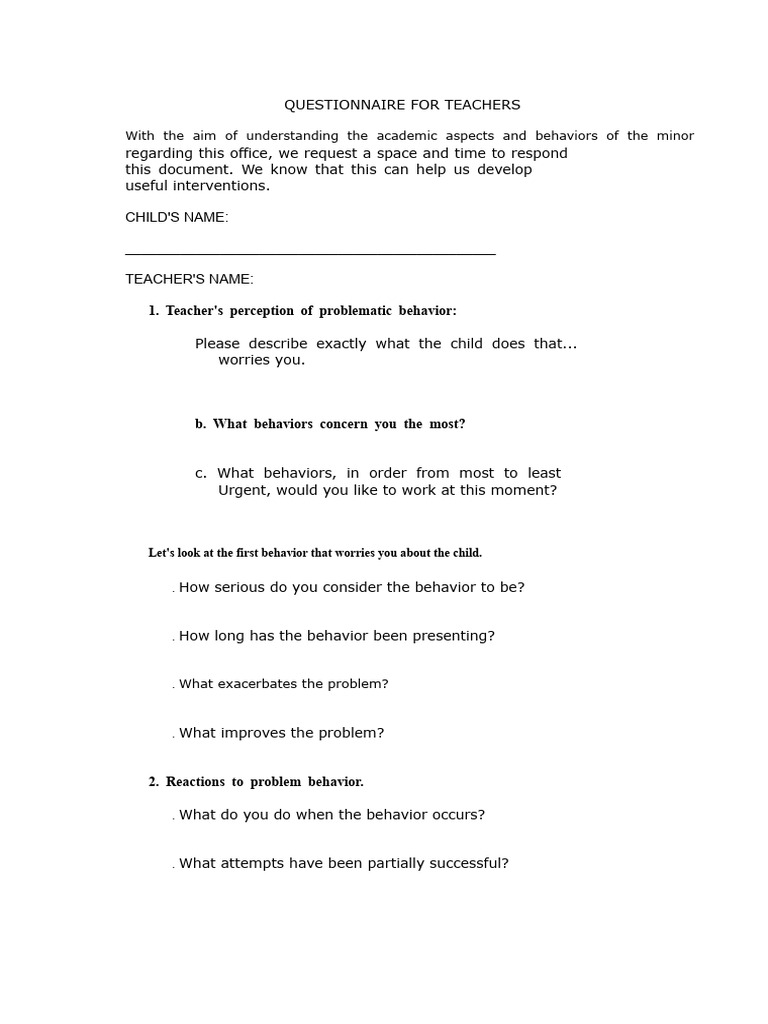 QUESTIONNAIRE FOR TEACHERS | PDF | Questionnaire | Behavior