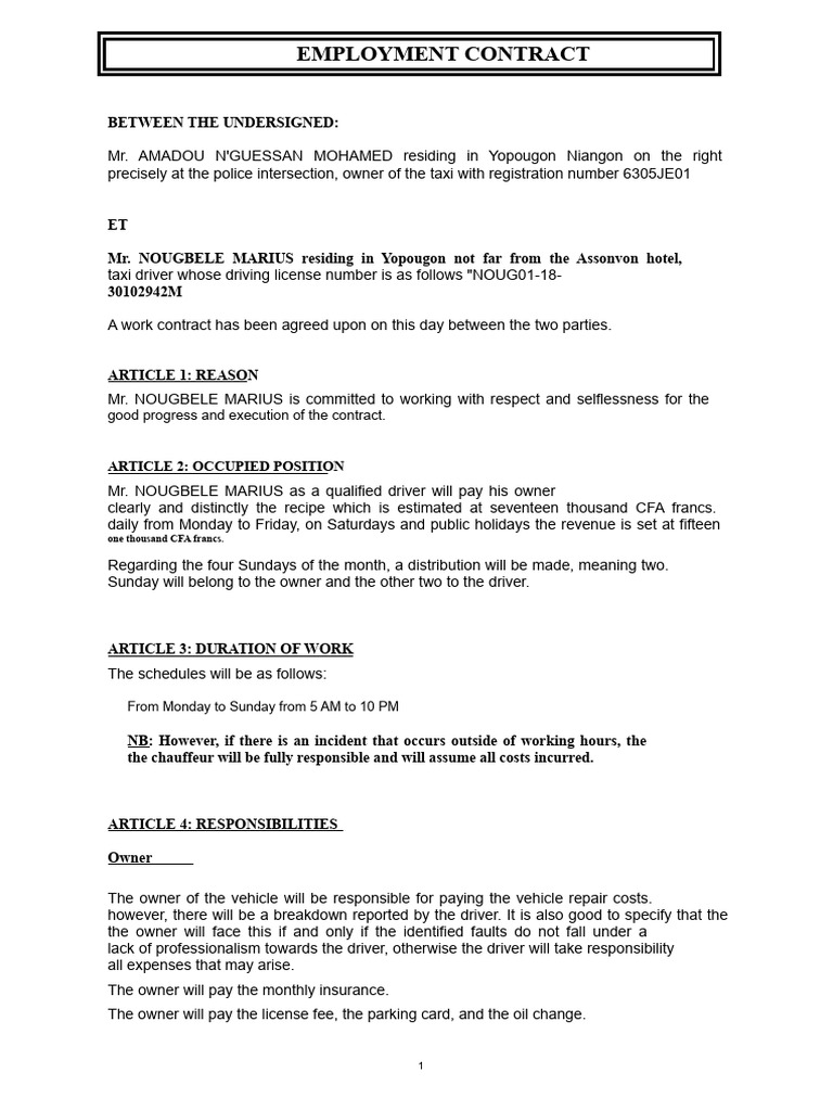 Taxi Driver Employment Contract Details | PDF