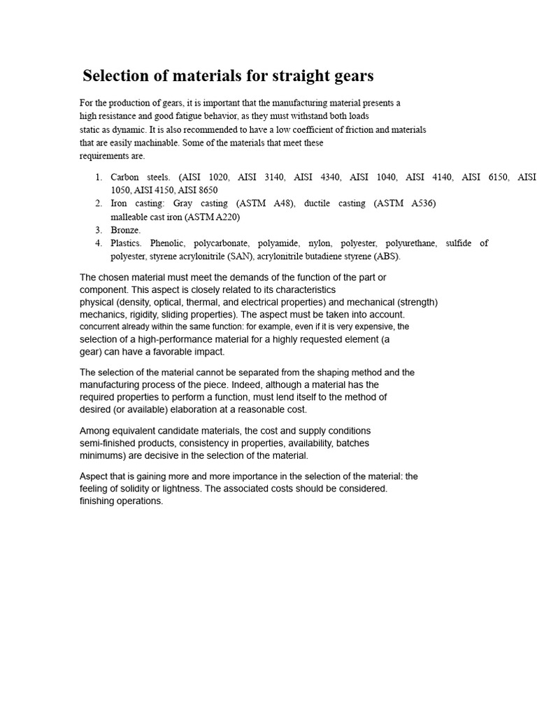 Material Selection for Straight Gears | PDF