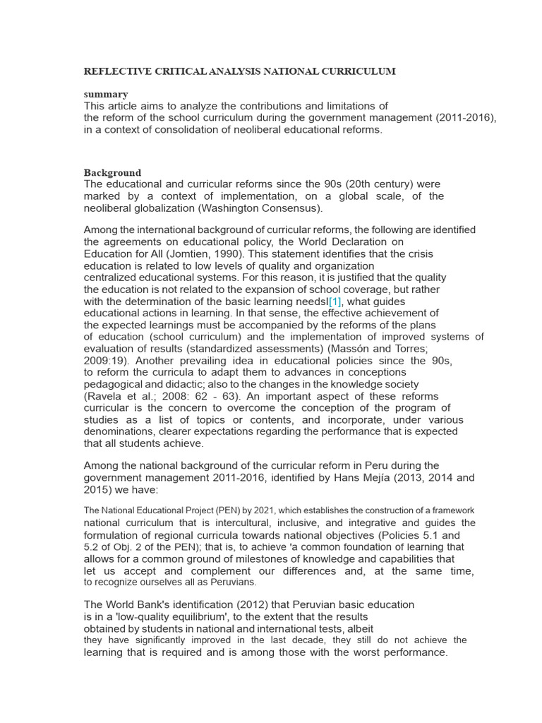 Critical Reflective Analysis of The National Curriculum | PDF ...