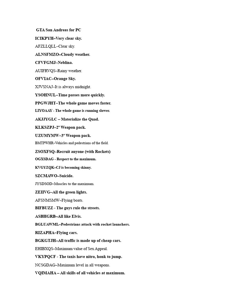 All The Codes of GTA San Andreas | PDF