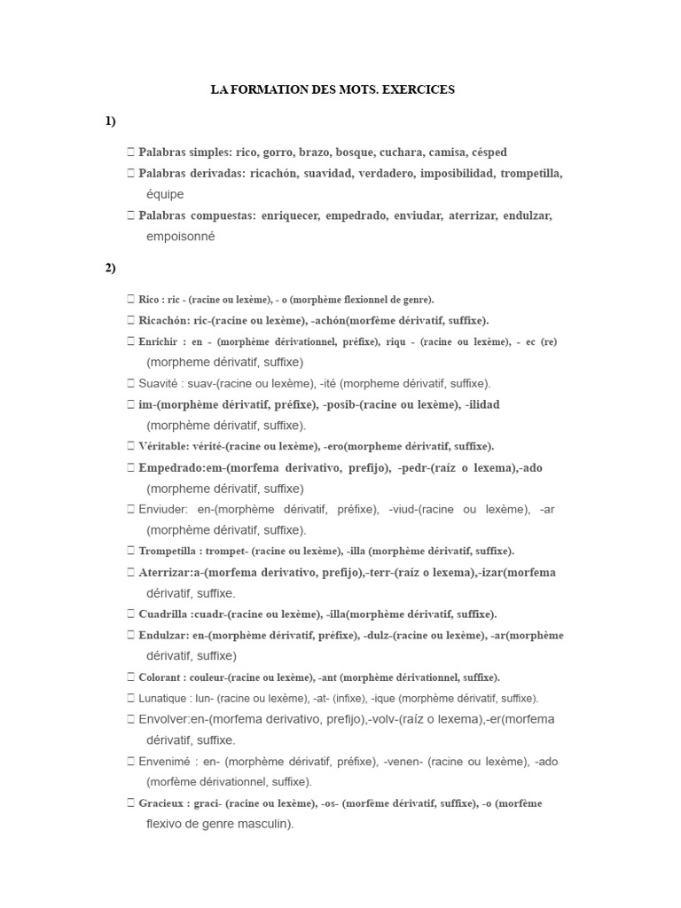 Formation des mots : exercices pratiques | PDF | Linguistique | Unités ...
