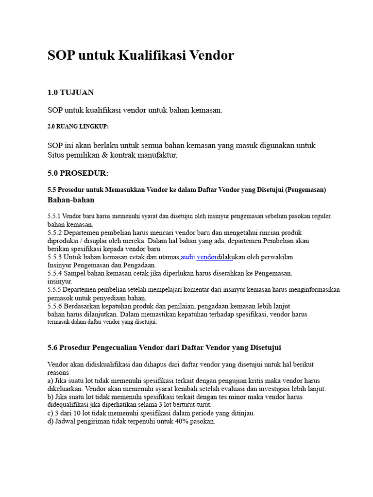 SOP Kualifikasi Vendor Pengemasan | PDF