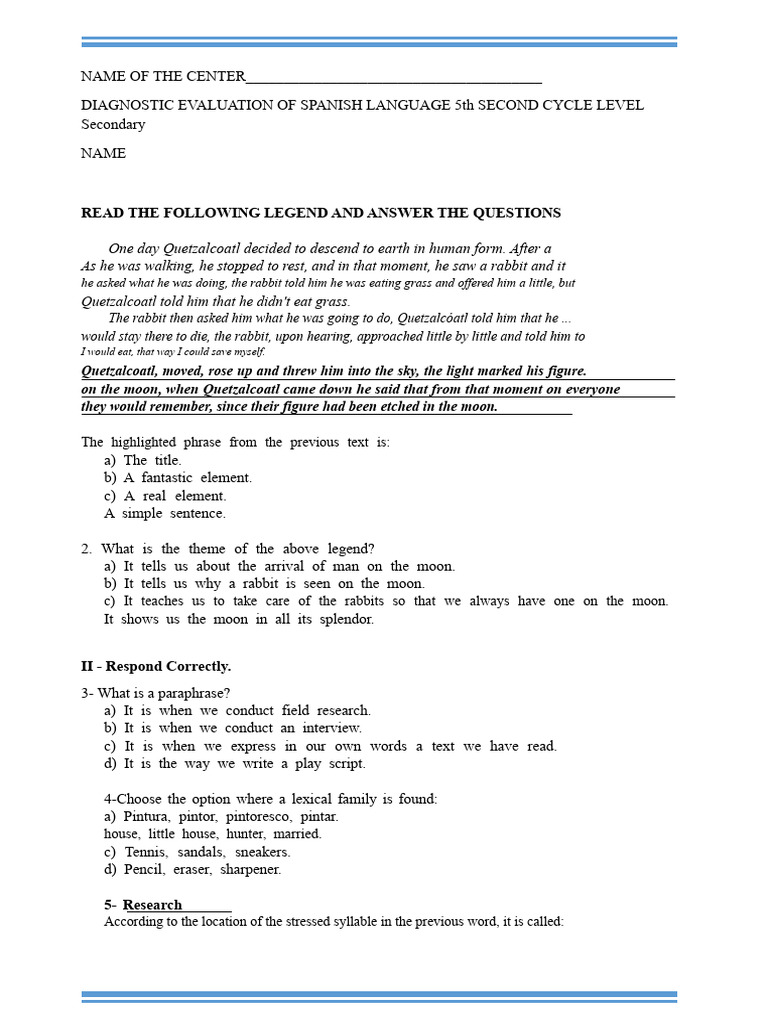 Spanish Language Diagnostic Evaluation | PDF | Linguistics | Grammar