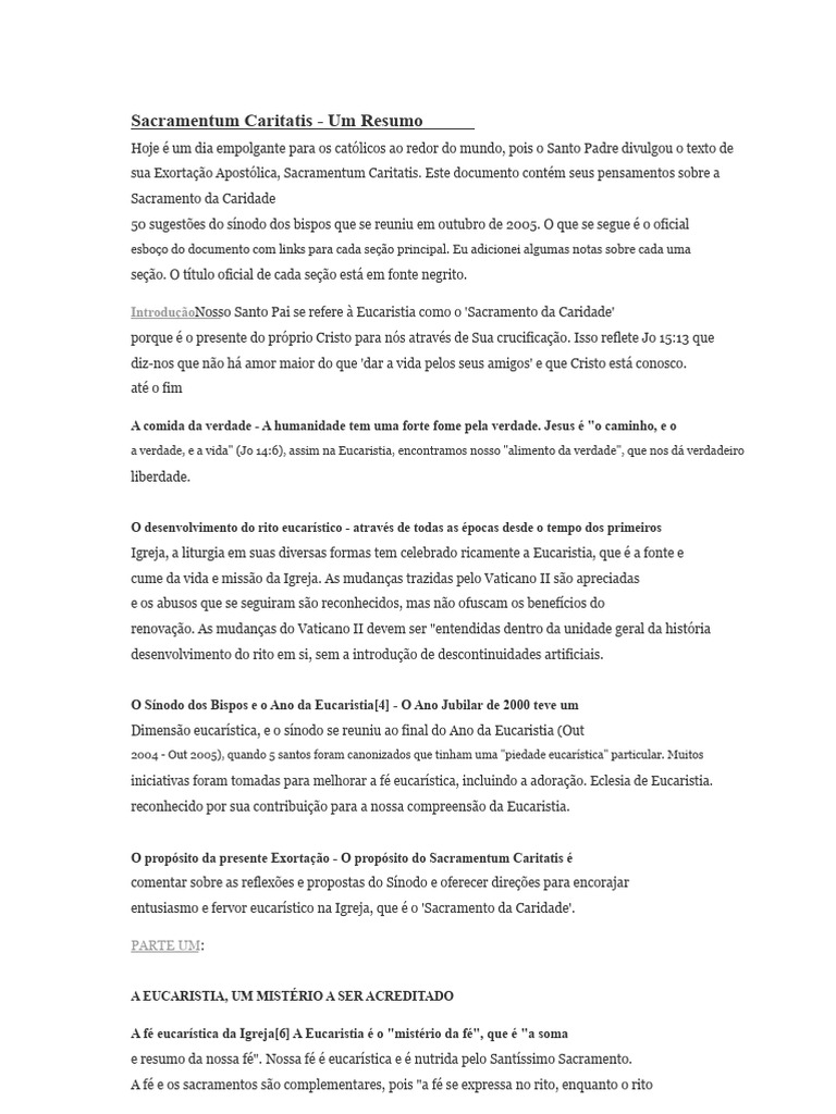 Resumo do Sacramentum Caritatis | PDF | Eucaristia | Liturgia