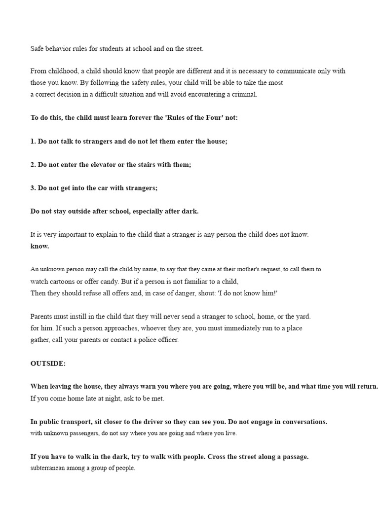 Safe Behavior Rules For Students at School and On The Street | PDF ...