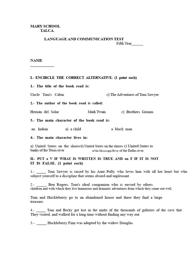 Test The Adventures of Tom Sawyer Good | PDF | Huckleberry Finn | The ...