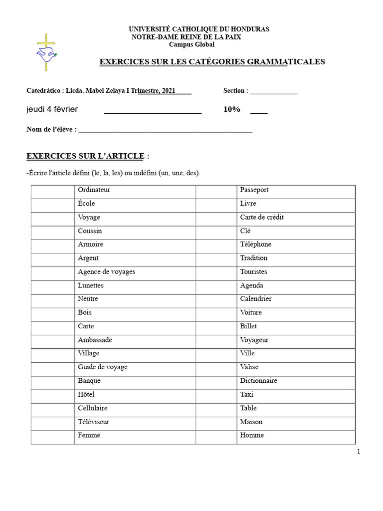 Exercices Sur Les Catégories Grammaticales IT.2021 | PDF