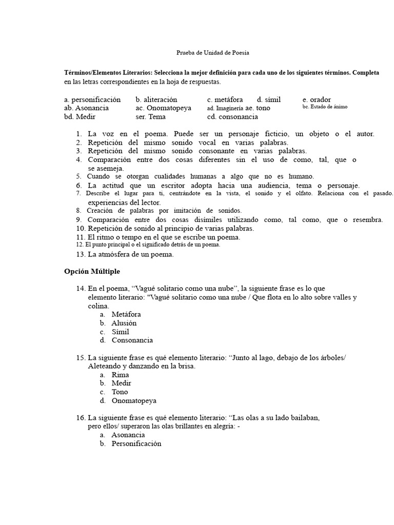 Prueba Unitaria de Poesía | PDF | Poesía | Poética