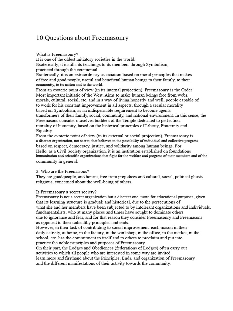 10 Questions About Freemasonry | PDF | Freemasonry | Masonic Lodge