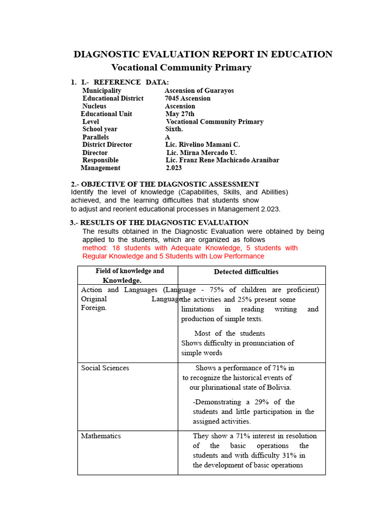 Diagnostic Evaluation Report in Community Vocational Primary Education ...