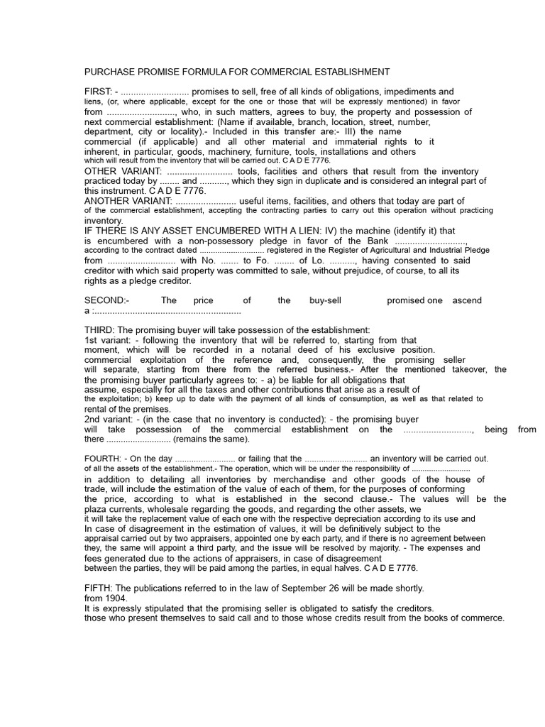 Model of Promise of Sale of A Commercial Establishment | PDF | Private ...