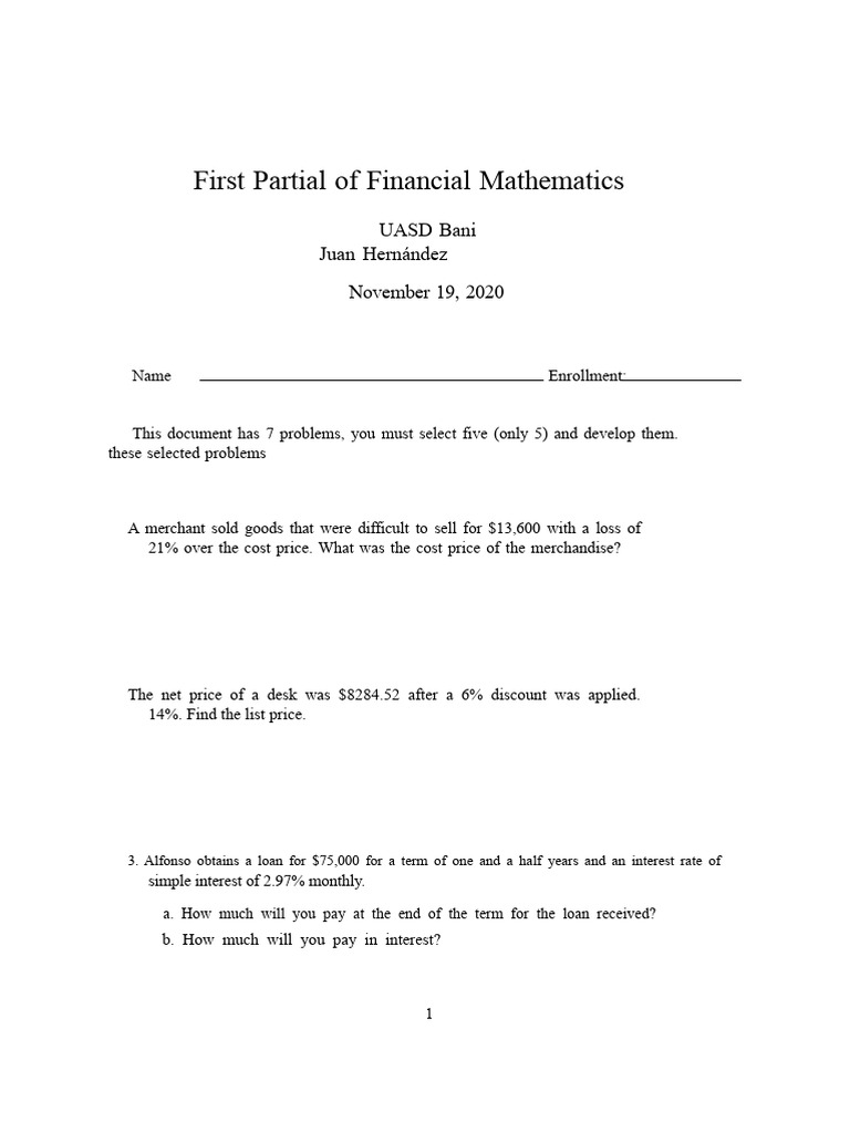 Financial Mathematics Problem Set | PDF
