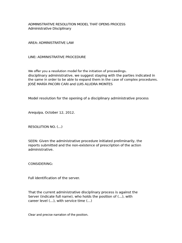 Model of Administrative Resolution That Opens Disciplinary ...
