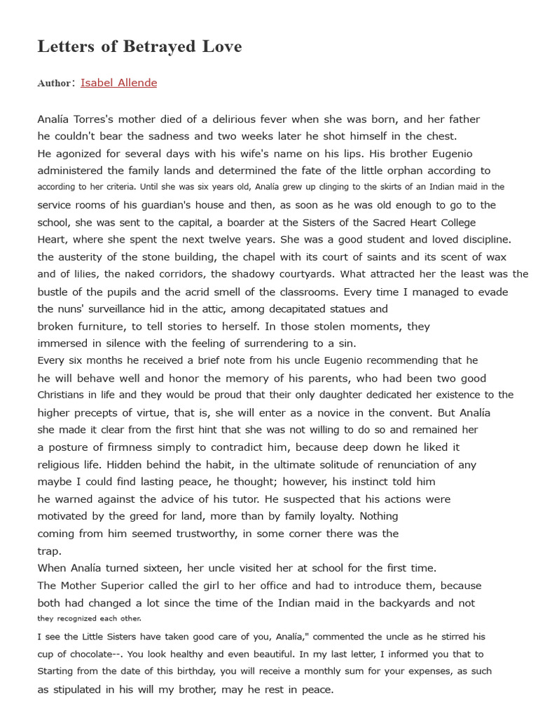 Letters of Betrayed Love - Isabel Allende | PDF