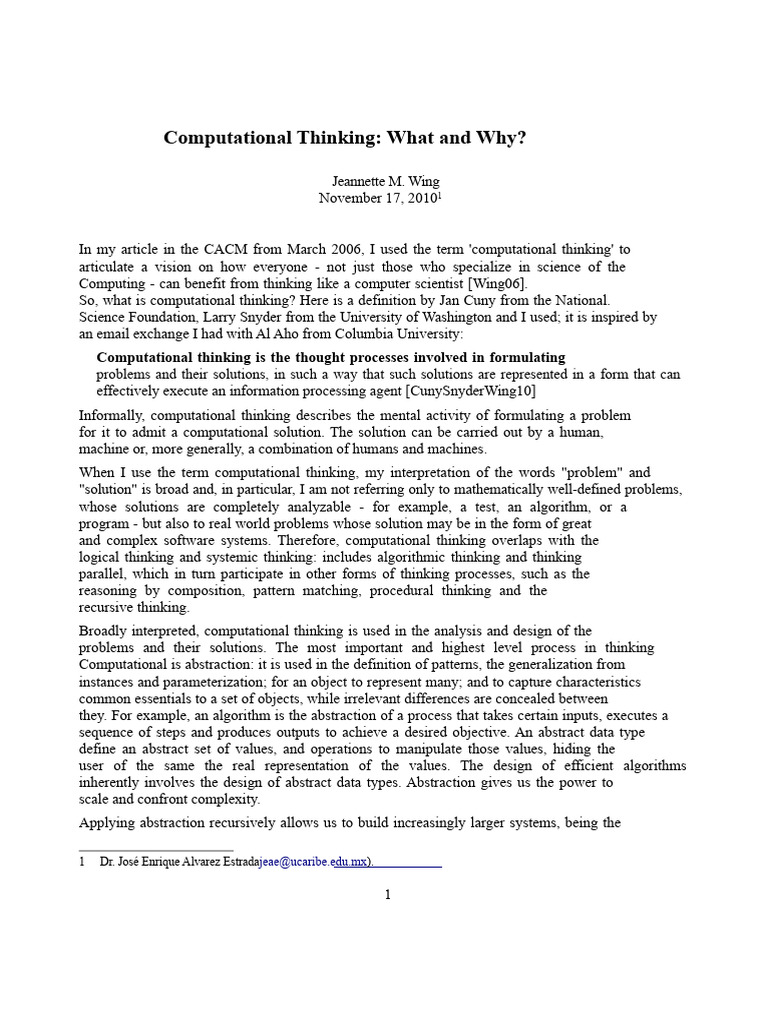 Computational Thinking, - What and Why - Jeannette Wing | PDF | Thought | Recursion