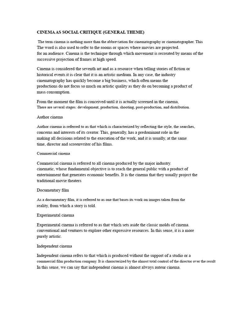 Cinema As Social Critique | PDF | Movie Theater | Filmmaking