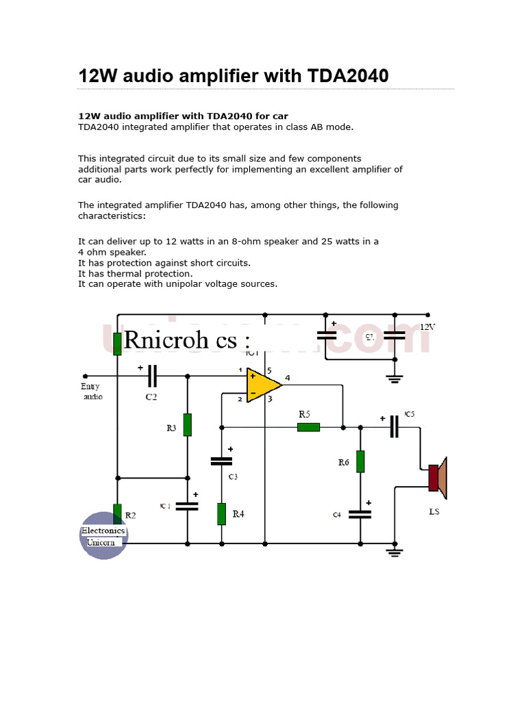 12W Audio Amplifier With TDA2040 | PDF