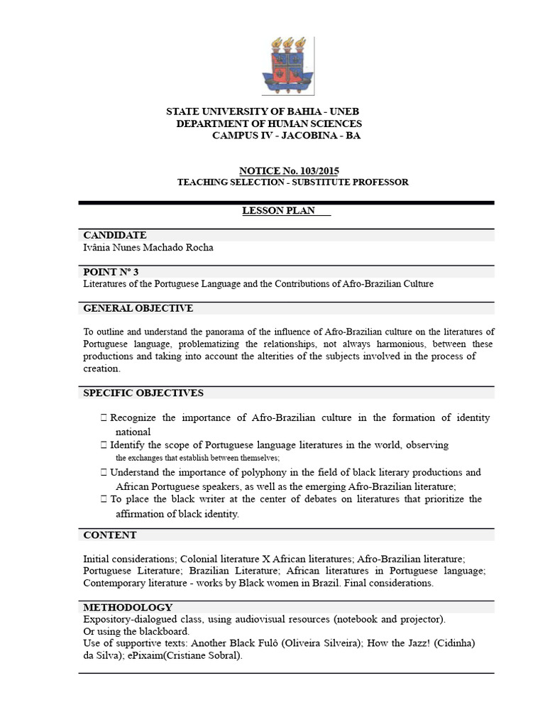 Public Lesson Plan UNEB Selection 2015 | PDF | Lesson Plan | Brazil