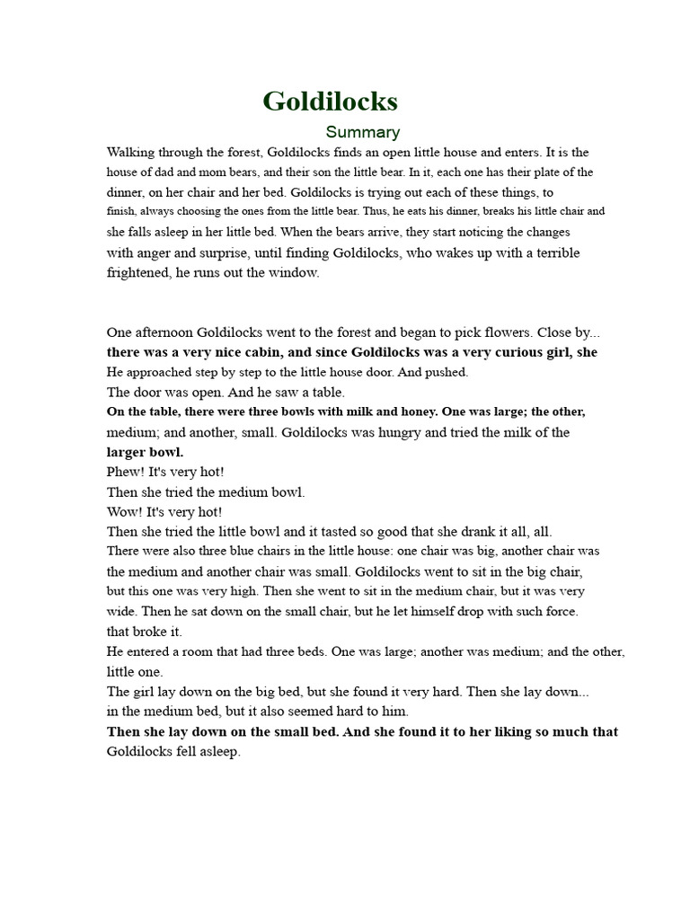 Goldilocks Story Summary | PDF | Goldilocks And The Three Bears