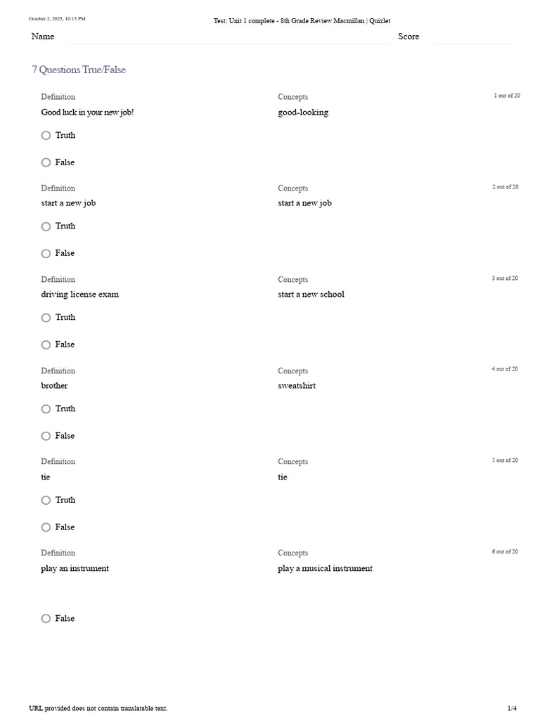 Test Unit 1 Complete - Eighth Grade Review Macmillan - Quizlet | PDF