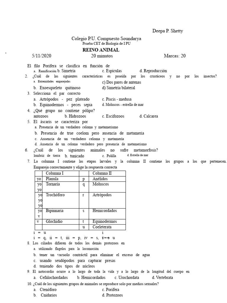 Prueba Cet Del Reino Animal | PDF | Zoología