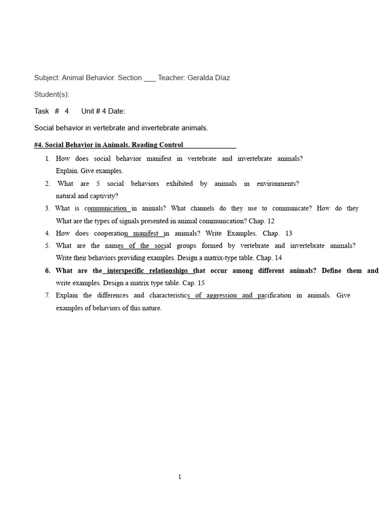 Task #4 Reading Control of Social Behavior in Animals | PDF