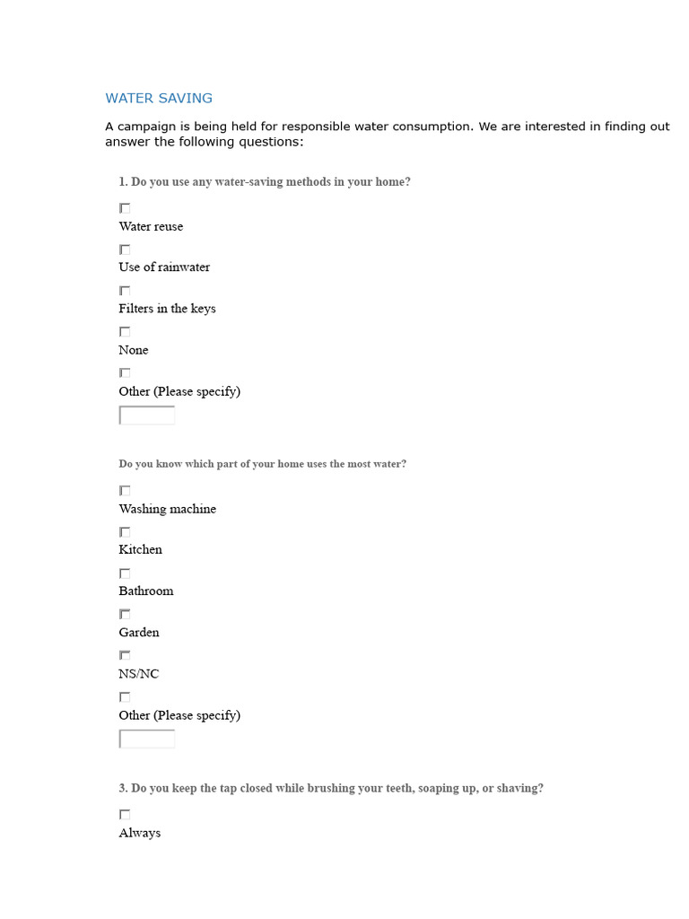 WATER SAVING - Questionnaire | PDF