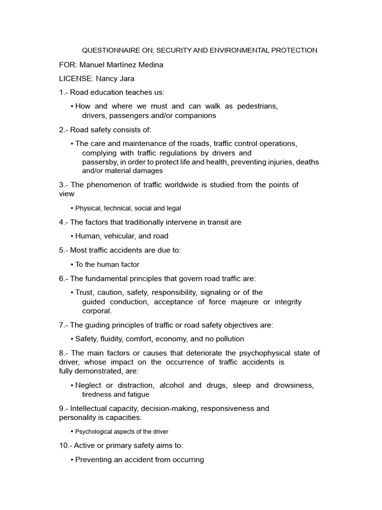 Security and Environmental Protection Questionnaire | PDF | Traffic ...