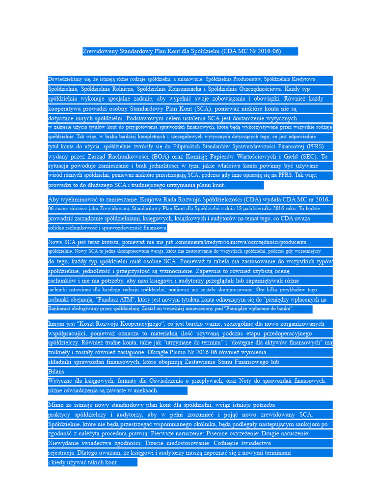 Zrewidowany Standardowy Plan Kont Dla Spółdzielni | PDF