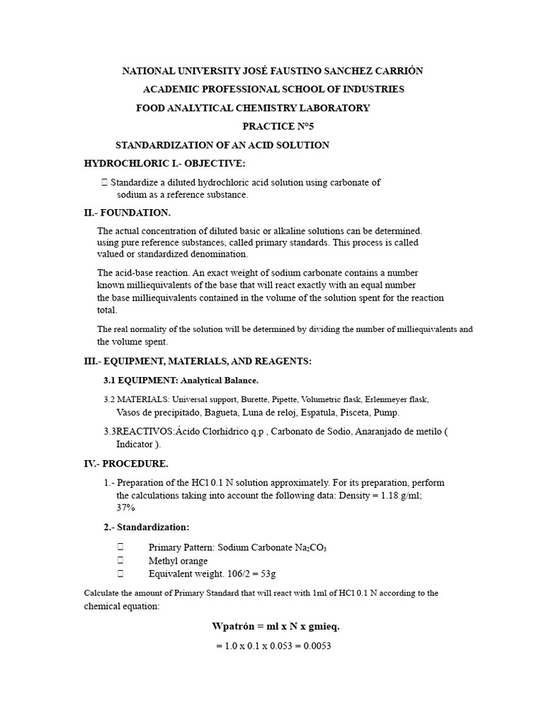 Standardizing Hydrochloric Acid Solution | PDF | Hydrochloric Acid ...