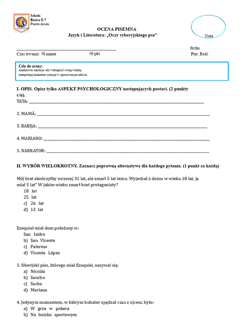 Test Zrozumienia Czytanego Tekstu Oczy Psa Syberyjskiego 31-03 | PDF