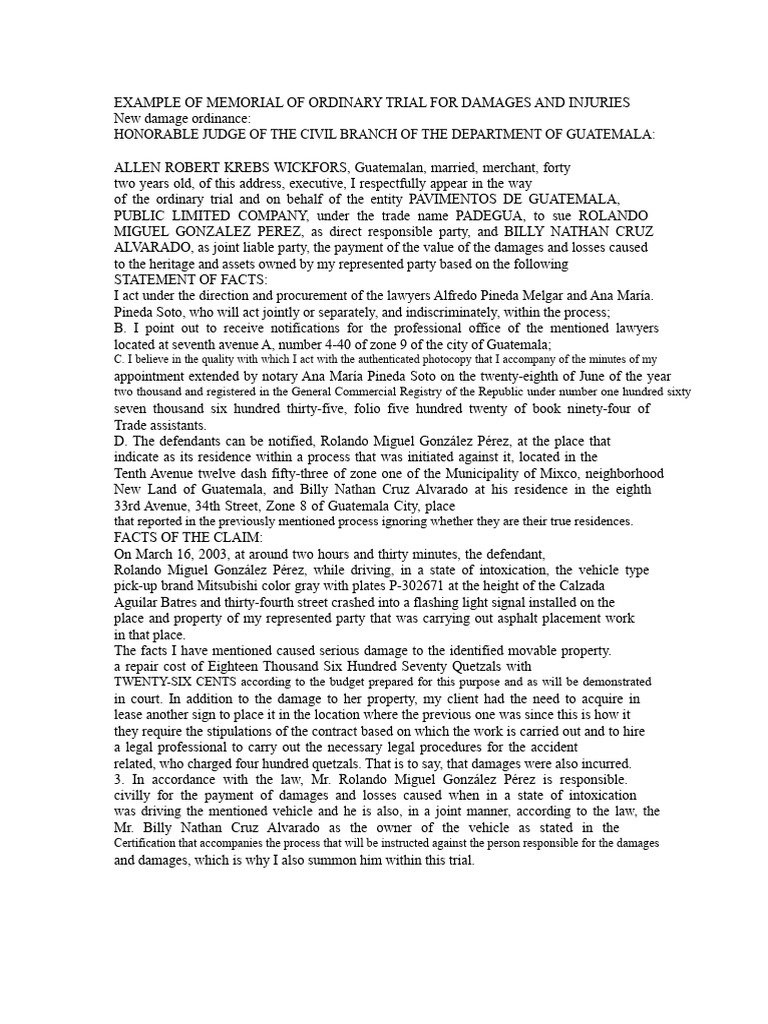 Example of Ordinary Trial Memorial For Damages and Losses | PDF ...